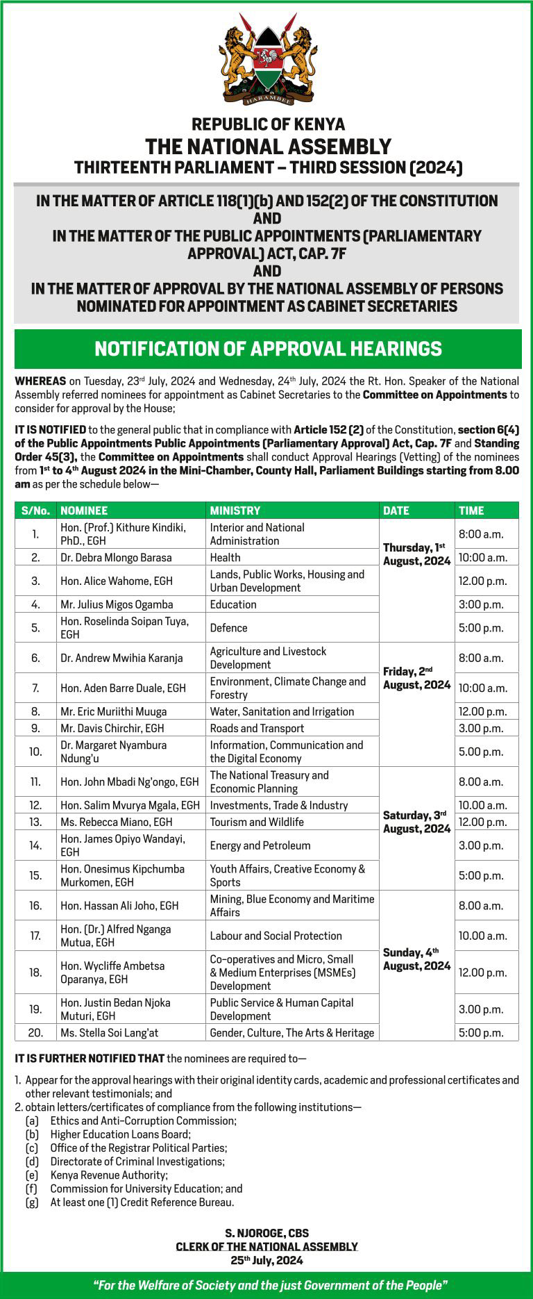 Vetting of Ruto's Cabinet Secretaries begins; Prof. Kindiki on the hot ...
